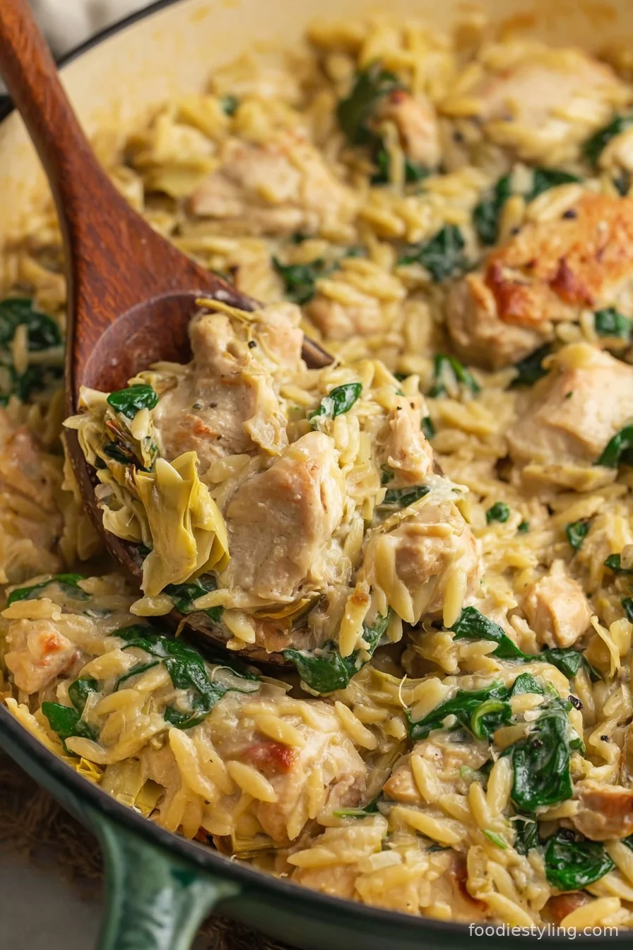 One Pan Spinach Artichoke Chicken Orzo | Foodie Styling
